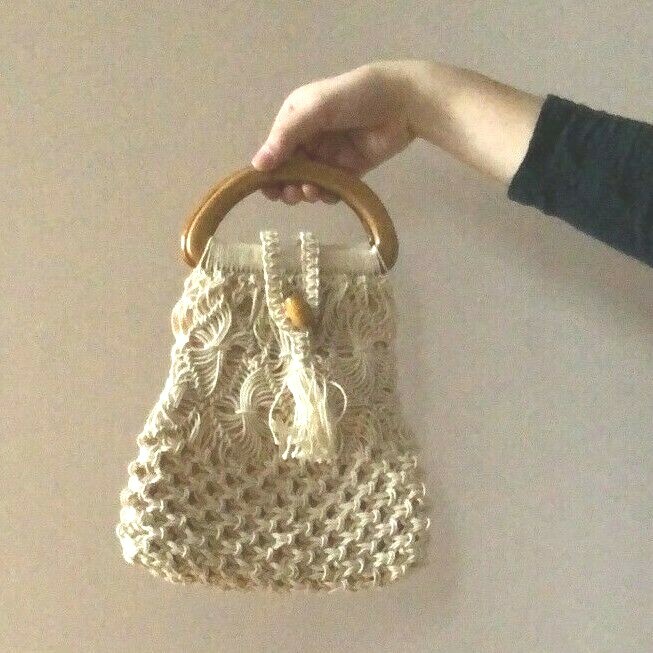 Vintage Ivory Macrame Crochet Handbag Purse Bag Boho … - Gem