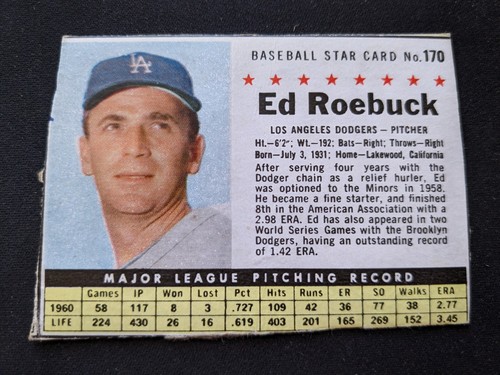 1961 Post Cereal Baseball Card # 170 Ed Roebuck - Los Angeles Dodgers ...