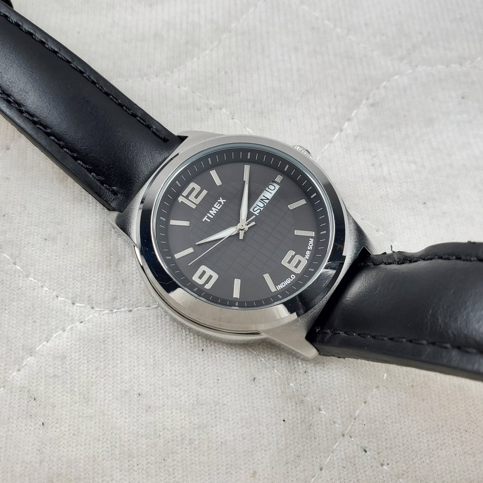 TIMEX ELEVATED CLASSIC T2E561 DAY/DATE INDIGLO QUARTZ BLACK MEN'S WATCH ...