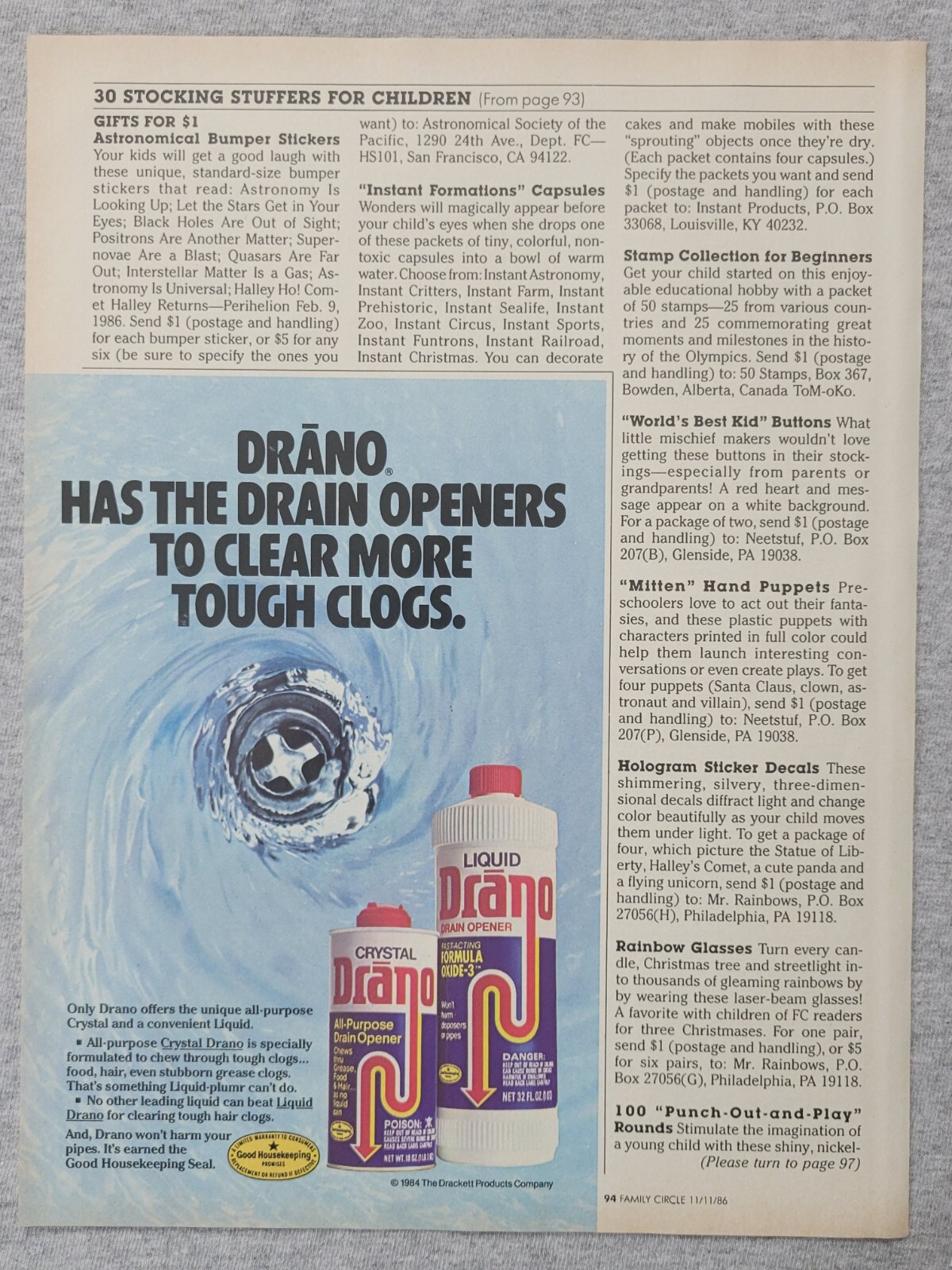 1986 Magazine Advertisement Page Drano Drain Opener Clogs Vintage Print ...