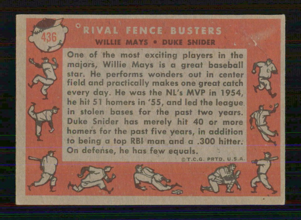 1958 TOPPS BASEBALL # 436 RIVAL FENCE BUSTERS MAYS / SNIDER 17674 | eBay