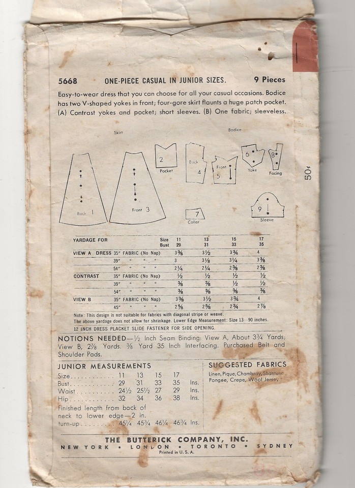 VTG 1950’s Butterick 5668 Size 11 Bust 29” Four Gore Dress Sewing ...