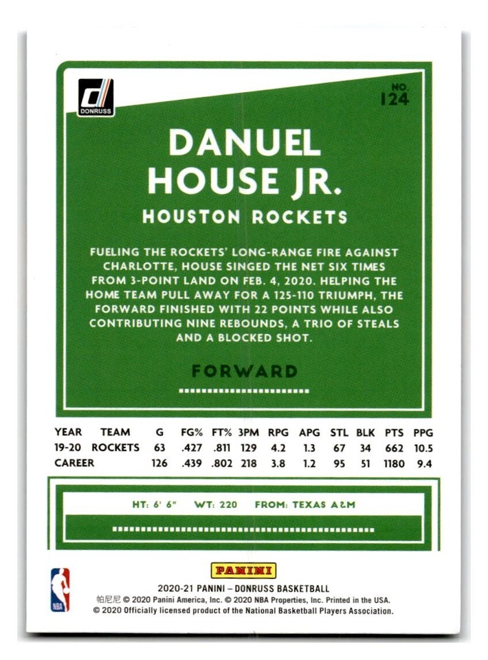 Daniel House Jr. 2020-21 Donruss Blue Mojo Parallel SSP /49 #124 - HOU ...