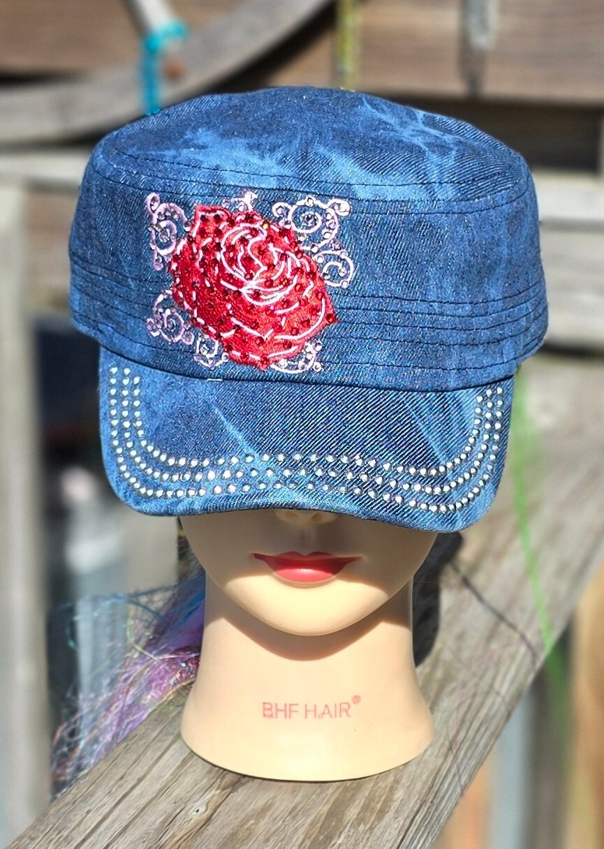 Ladies Dark Blue Denim & Red Rose BLING Ball Cap Hat NEW | eBay