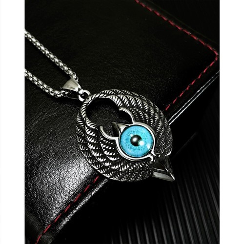 Punk Men's Stainless Steel Blue Devil Eye Angel Wing Pendant Necklace ...