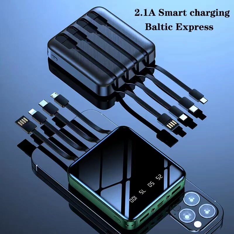 20000mAh Mini Power Bank Built-in 4 Cables Fast Charging Backup ...