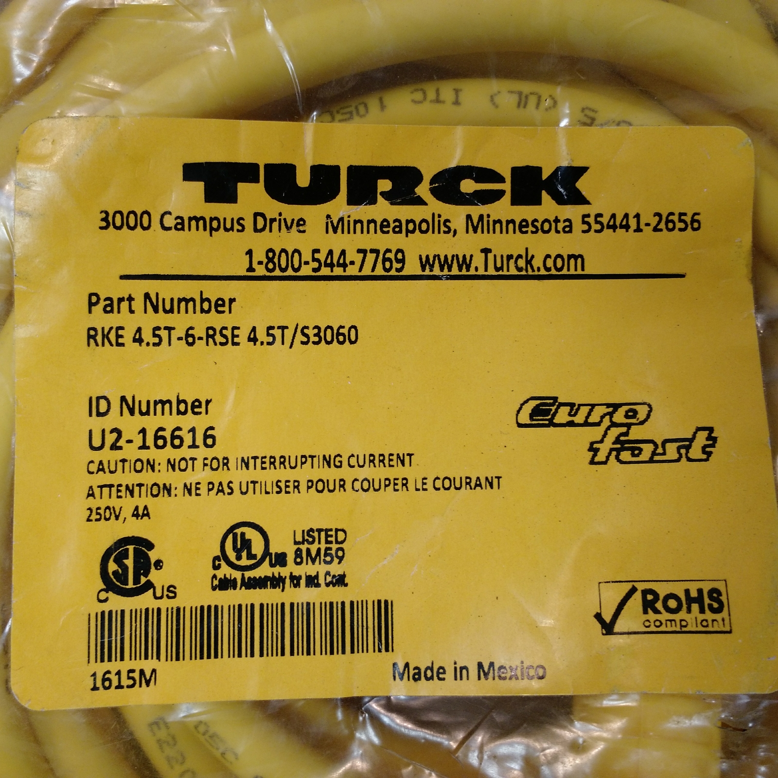 Turck RKE 4.5T-6-RSE 4.5T/S3060 Connection Cable, 5 Pin Male/Female, 6 ...