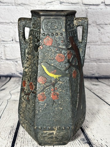 Antique Japanese Tokanabe Ware Black Red Pottery Vase Birds Marked ...