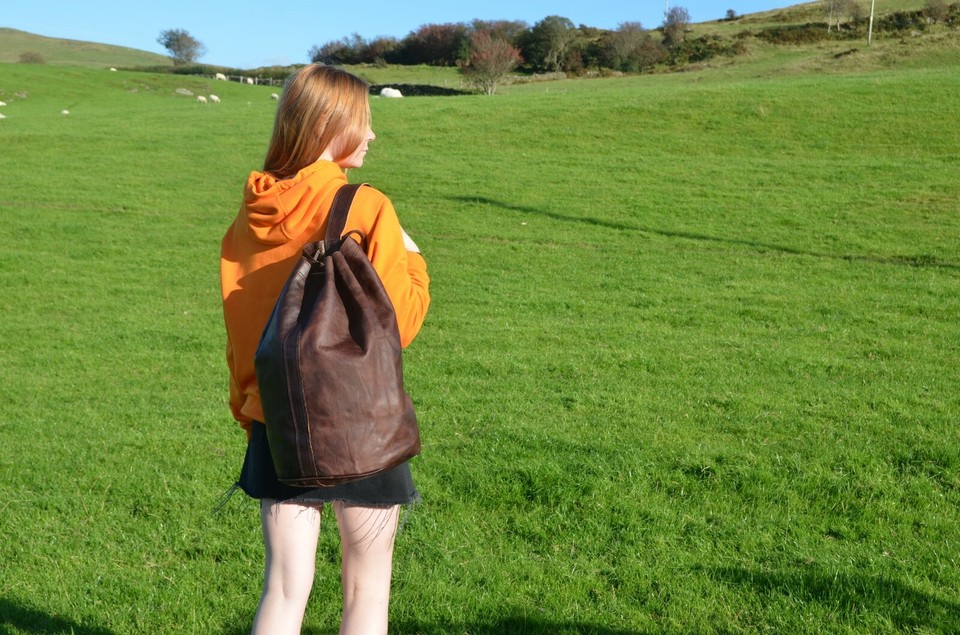 Organic Leather Drawstring Bucket Duffel Bag Backpack Rucksack Moroccan ...