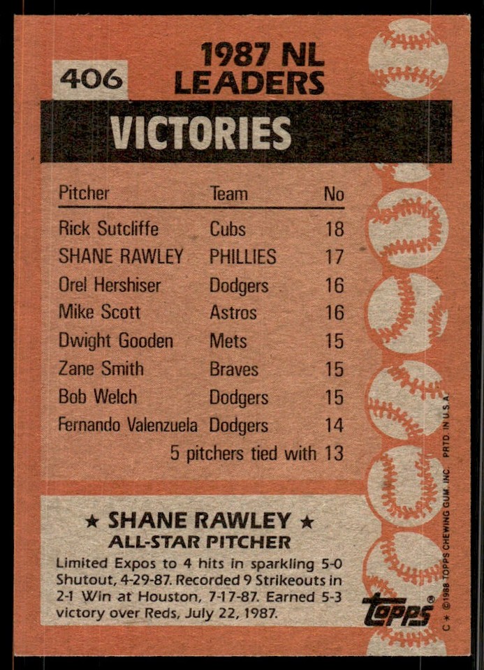 1988 Topps Baseball Card Shane Rawley Philadelphia Phillies #406 | eBay