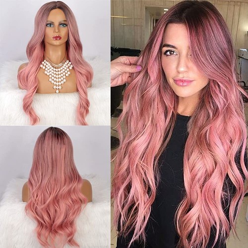 Long Pink Ombre Wave Wig for Women Wavy Wigs Fashion Pink Wavy Wigs ...