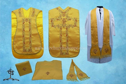 Yellow Roman Chasuble Fiddleback Vestment and Mass set, IHS embroidery ...