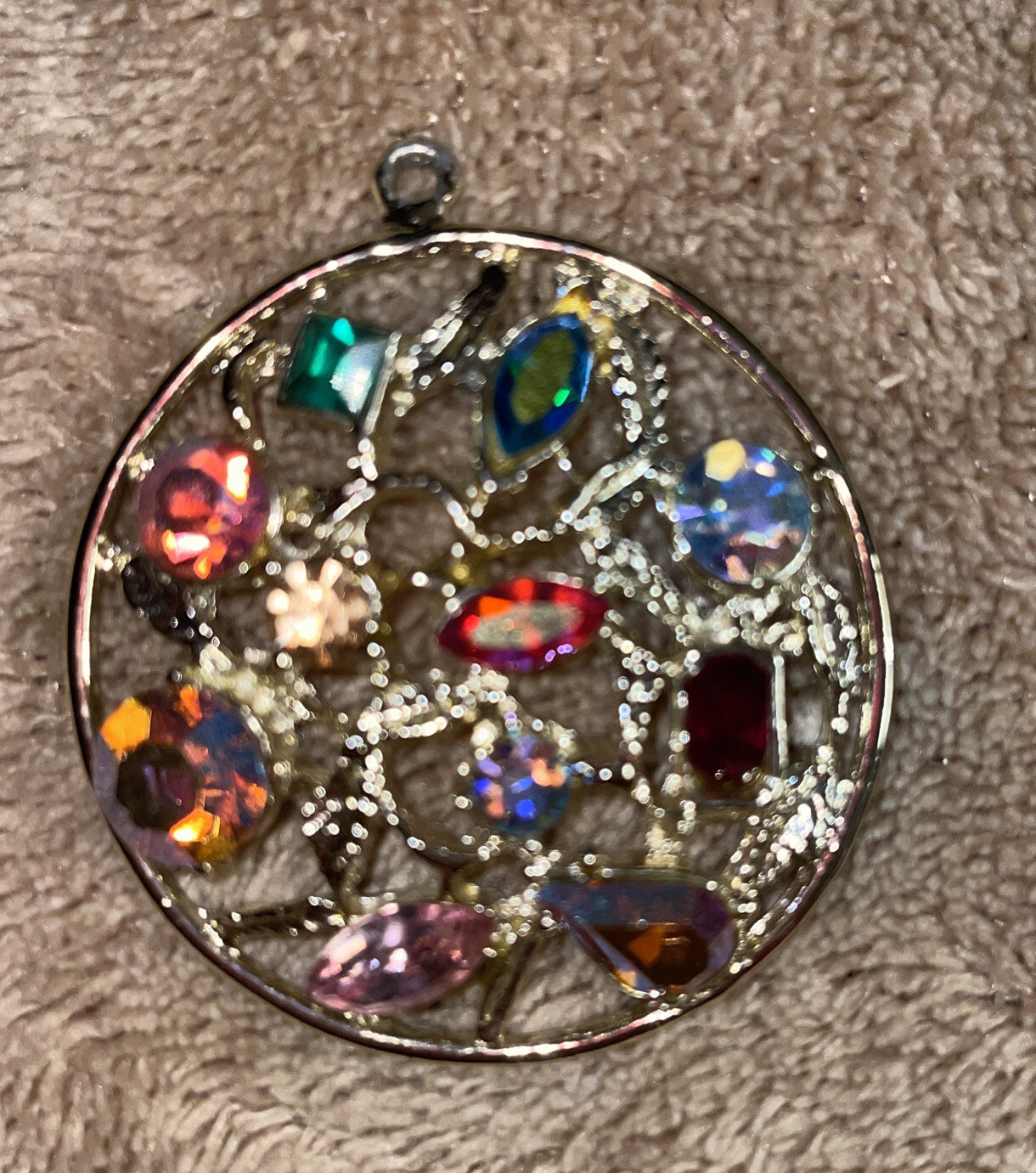 Vintage silver tone round pendant multi rhinestones large cut Pastel ...