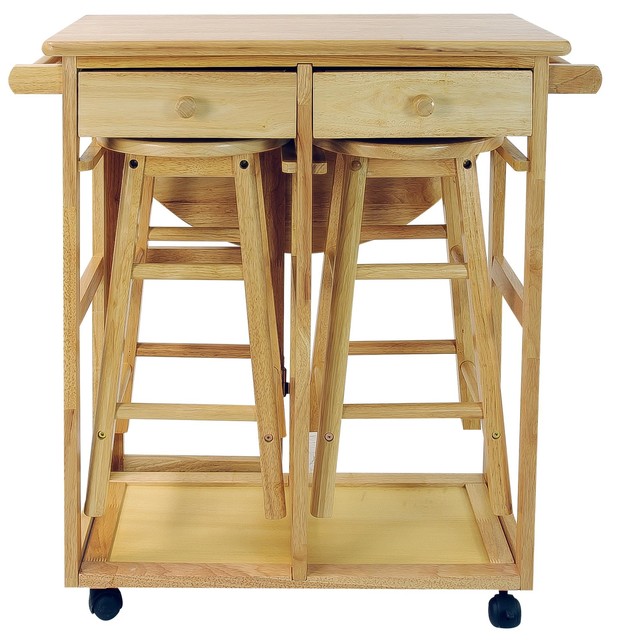 Mobile Breakfast Cart With 2 Stools and Drop-leaf Table Natural ID ...