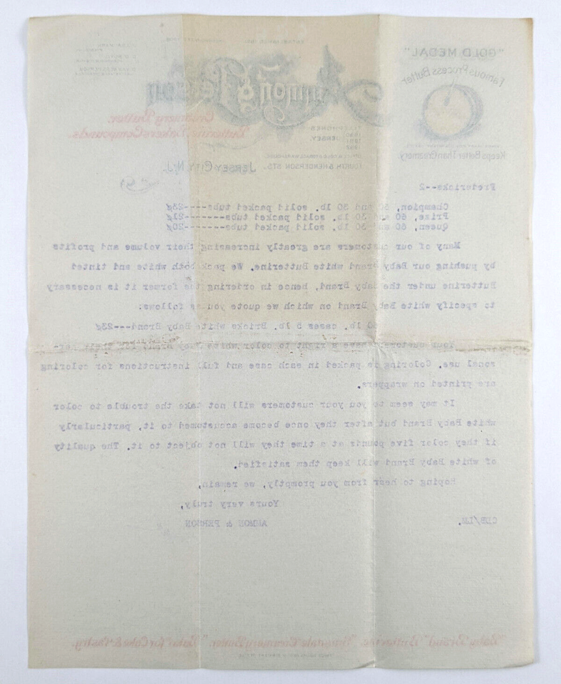 1917 Ammon & Person Baby Brand Margarine Butterine Letterheads Rules ...