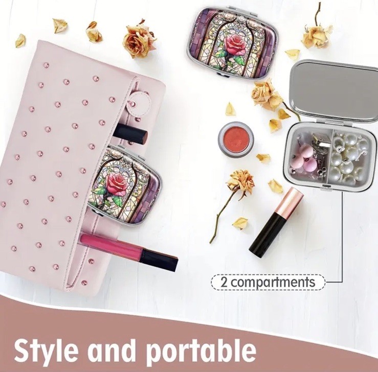 Pretty Rose Accent Pill Box Two Compartments Small Portable Perfect For ...