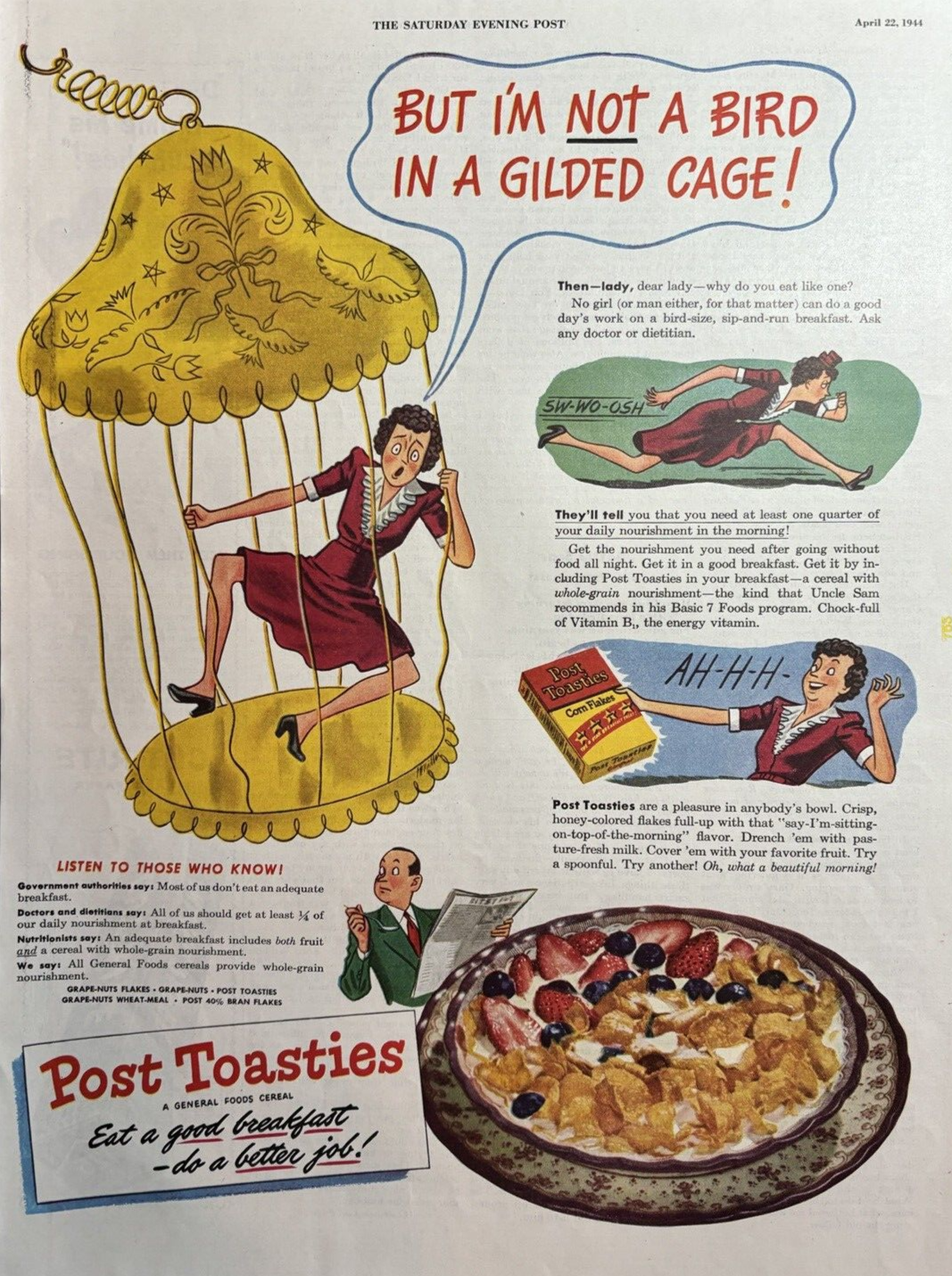 1944 Post Toasties Cereal Breakfast Bird Cage Cartoon General Foods VTG ...