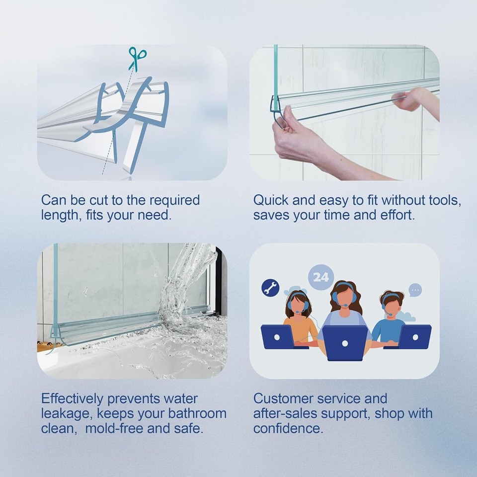 2x Rubber Plastic Shower Screen Seal Strip For 4-6mm Curved/Flat Glass ...