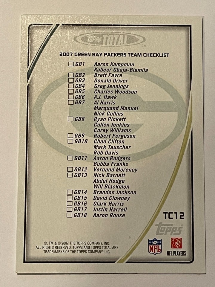 2007 Topps Total Football Team Checklists - Brett Favre - Green Bay ...