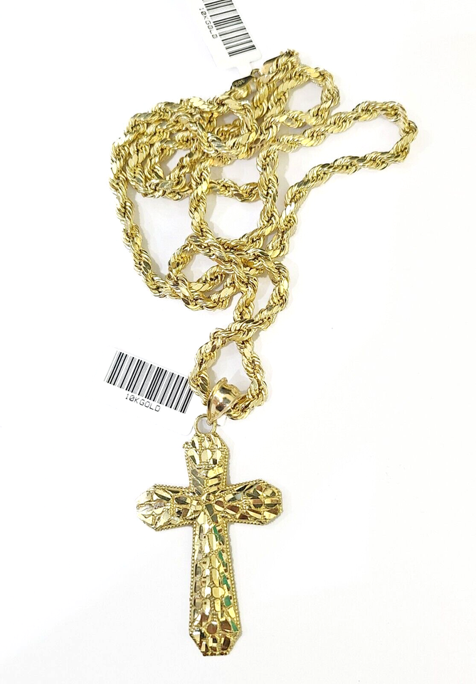 10k Gold Rope Chain & Cross Charm Pendent SET 4mm 24 Inches Necklace | eBay