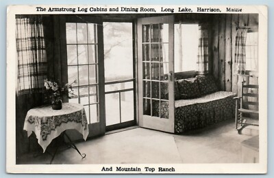 Postcard ME Harrison Long Lake Armstrong Log Cabins & Dining Room RPPC ...