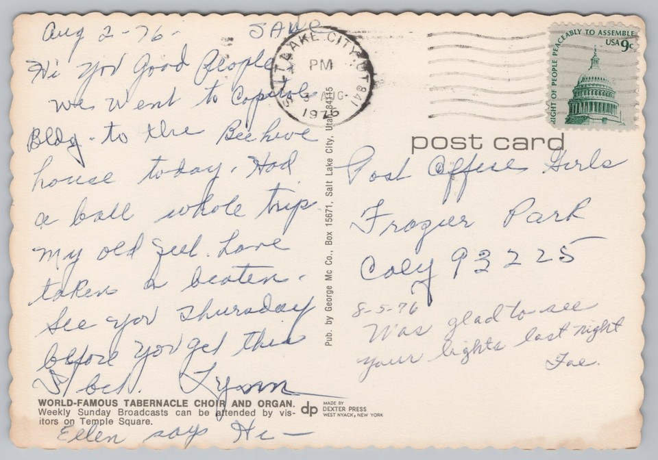 State View~World Famous Tabernacle Choir & Organ~Continental Postcard ...