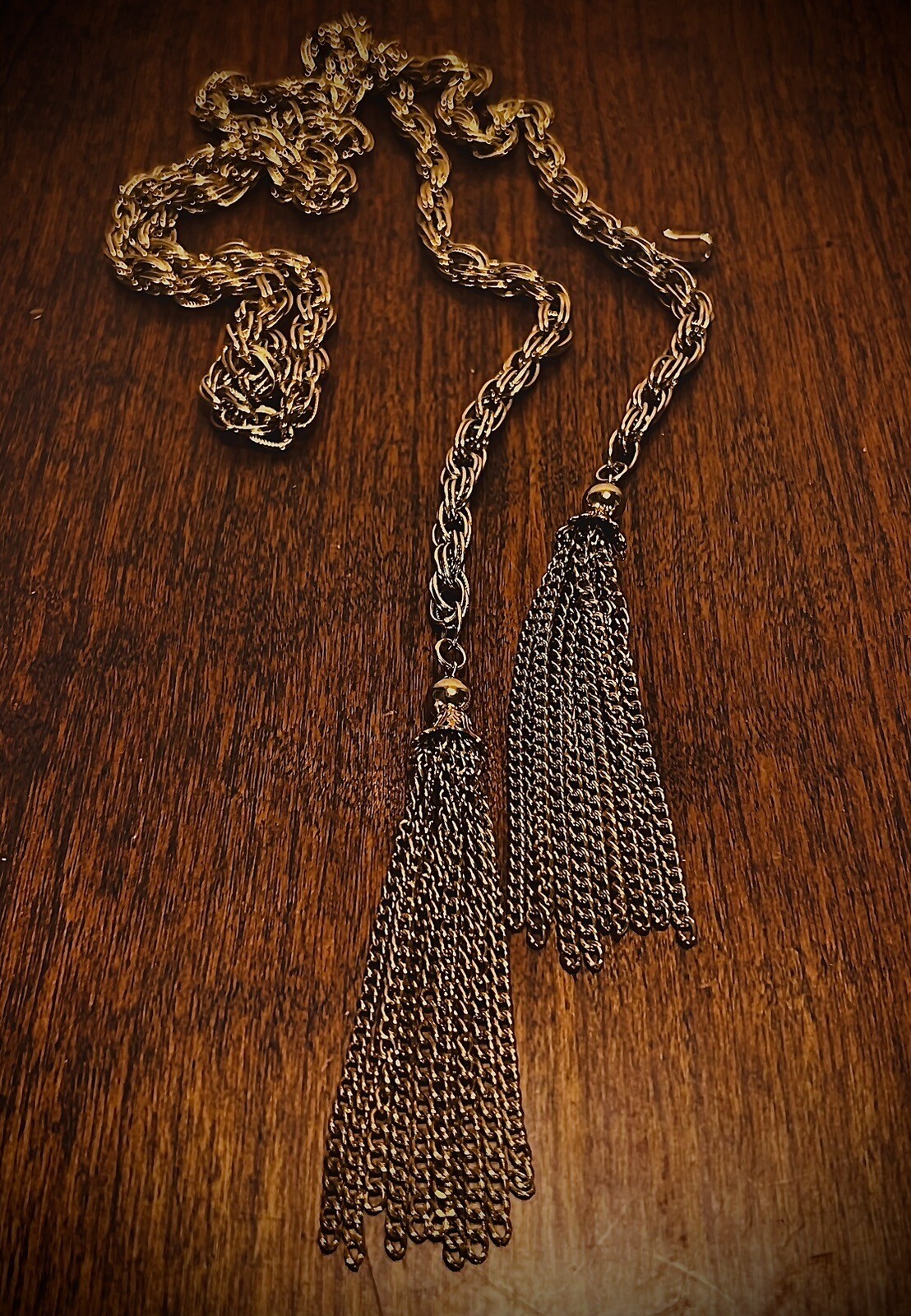 50" Vintage 70's Gold Tone Rope Lariat Two-Tassel Nec… - Gem