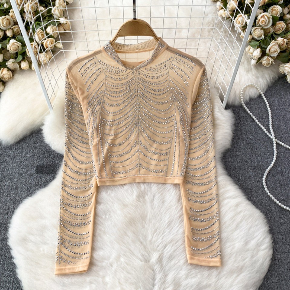 Women Sheer Mesh Crystal Shirts Rhinestone T-shirts Tops Blouse Slim ...