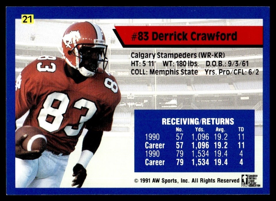 1991 All World CFL Derrick Crawford Calgary Stampeders #21 | eBay