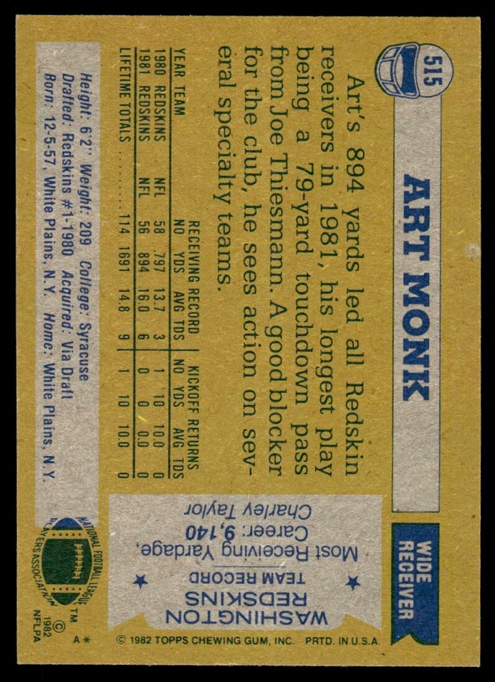 1982 TOPPS ART MONK B WASHINGTON REDSKINS #515 | eBay