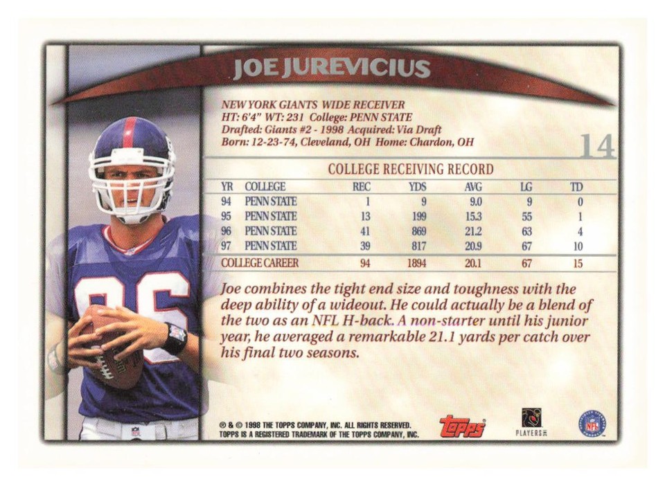1998 Topps Season Opener #14 Joe Jurevicius RC | eBay