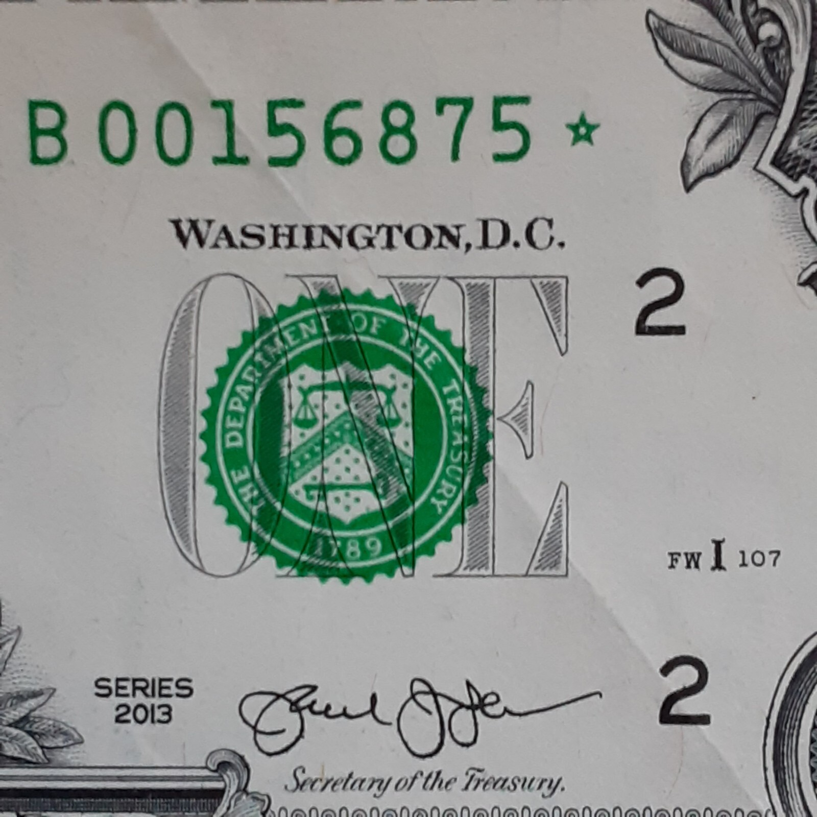 FW Duplicate Serial Number STAR Note B 00156875 ☆ One Dollar $1 Bill ...