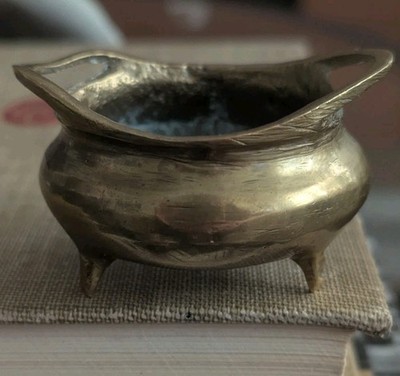 CHINESE Tripod Censer Bowl Brass Mini CAULDRON Loop Handle Stamped ...
