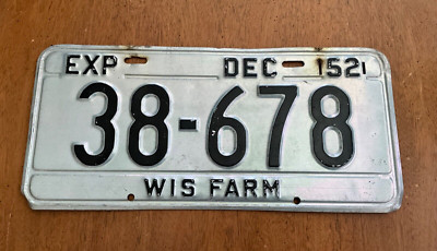1952 Wisconsin Farm License Plate Tag 38-678 | eBay