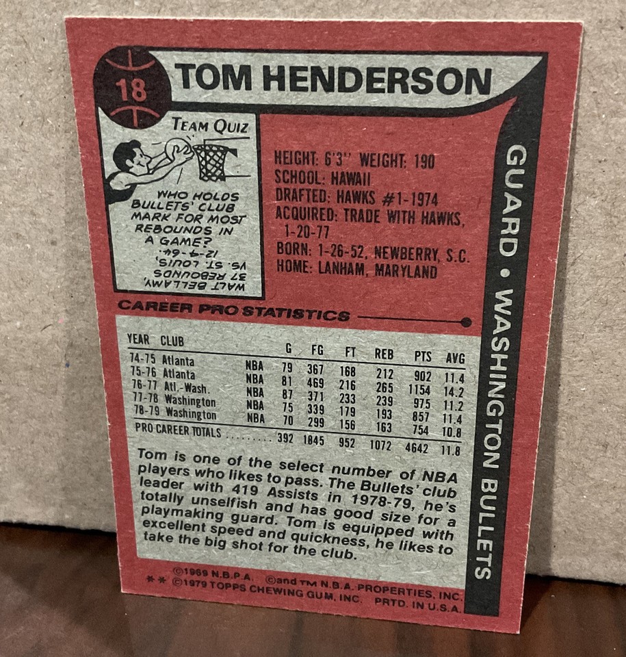 TOM HENDERSON 1979-80 TOPPS BASKETBALL #18 OF 132 - WASHINGTON BULLETS ...