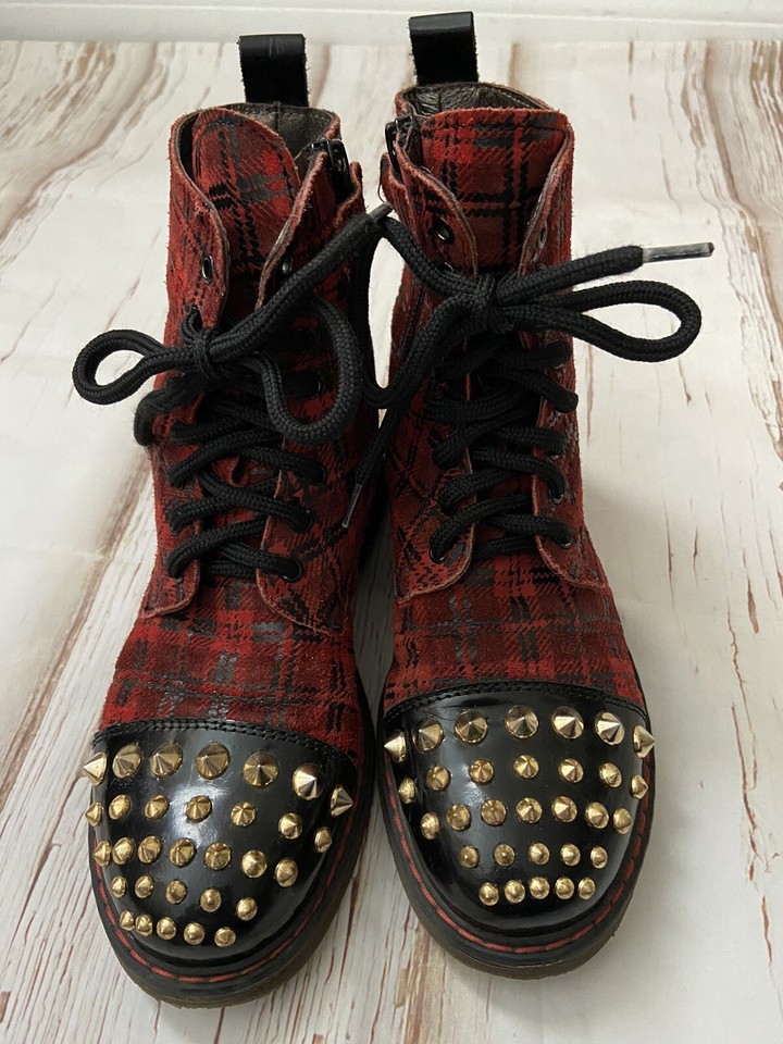 Miss Grant Red Black Plaid Combat Boot Studs Girls US 13 Italy size 31 ...