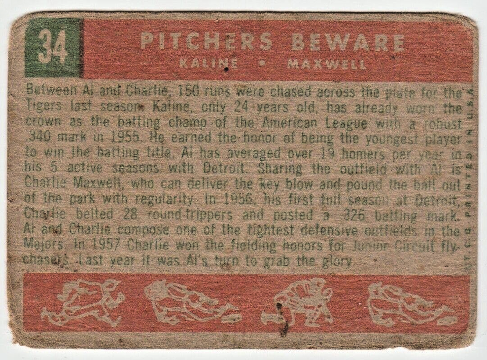 Venezuelan Topps 1959 Al Kaline / C. Maxwell #34 Detroit Tigers Set ...