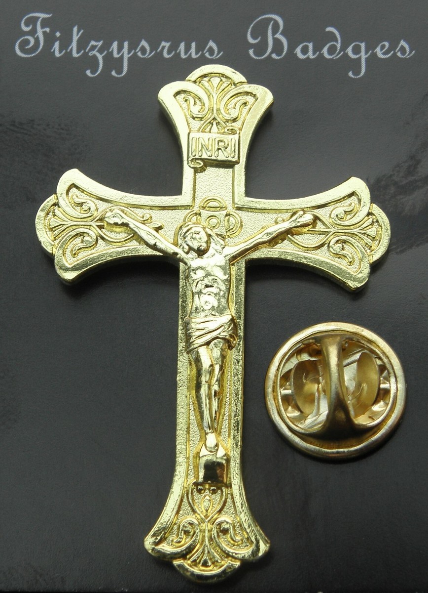 Gold Coloured Jesus Cross Crucifix Pin Badge Religious Lapel Easter