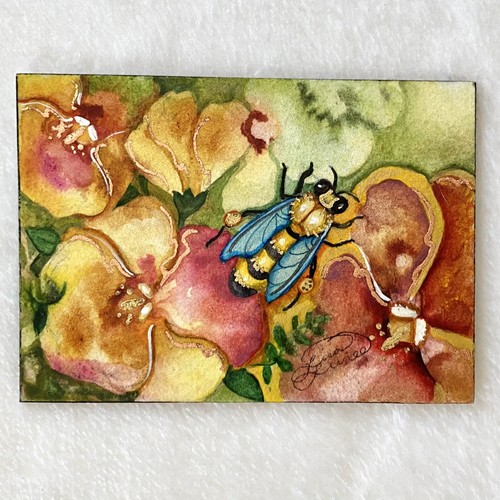 ORIGINAL OOAK Lisa Luree 2012 Miniature Painting Gold Bee Flowers 3.5 ...
