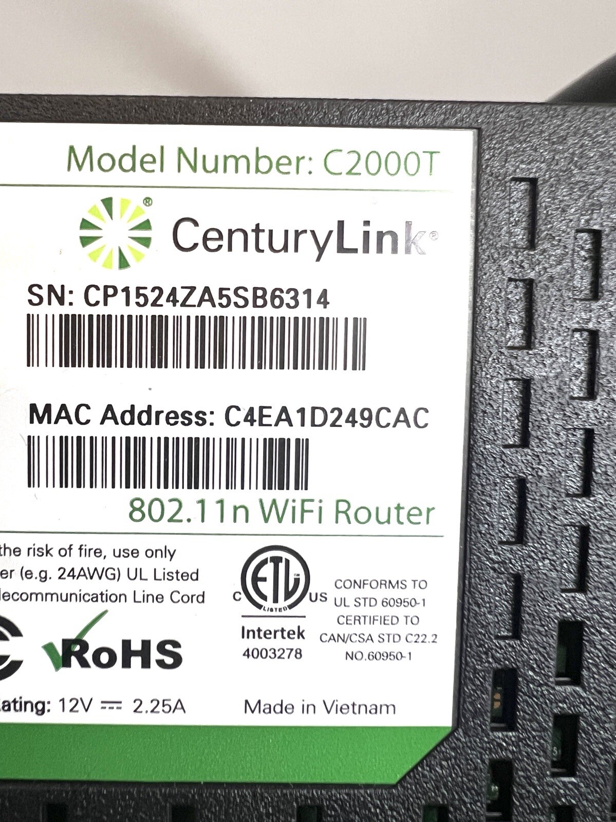 CenturyLink Technicolor C2000T Wireless 802.11N ADSL2+VDSL Modem Router ...