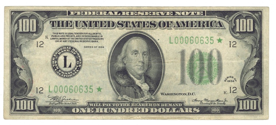 1934 $100 FRN Federal Reserve Note⭐L00060635⭐STAR San Francisco Note ...