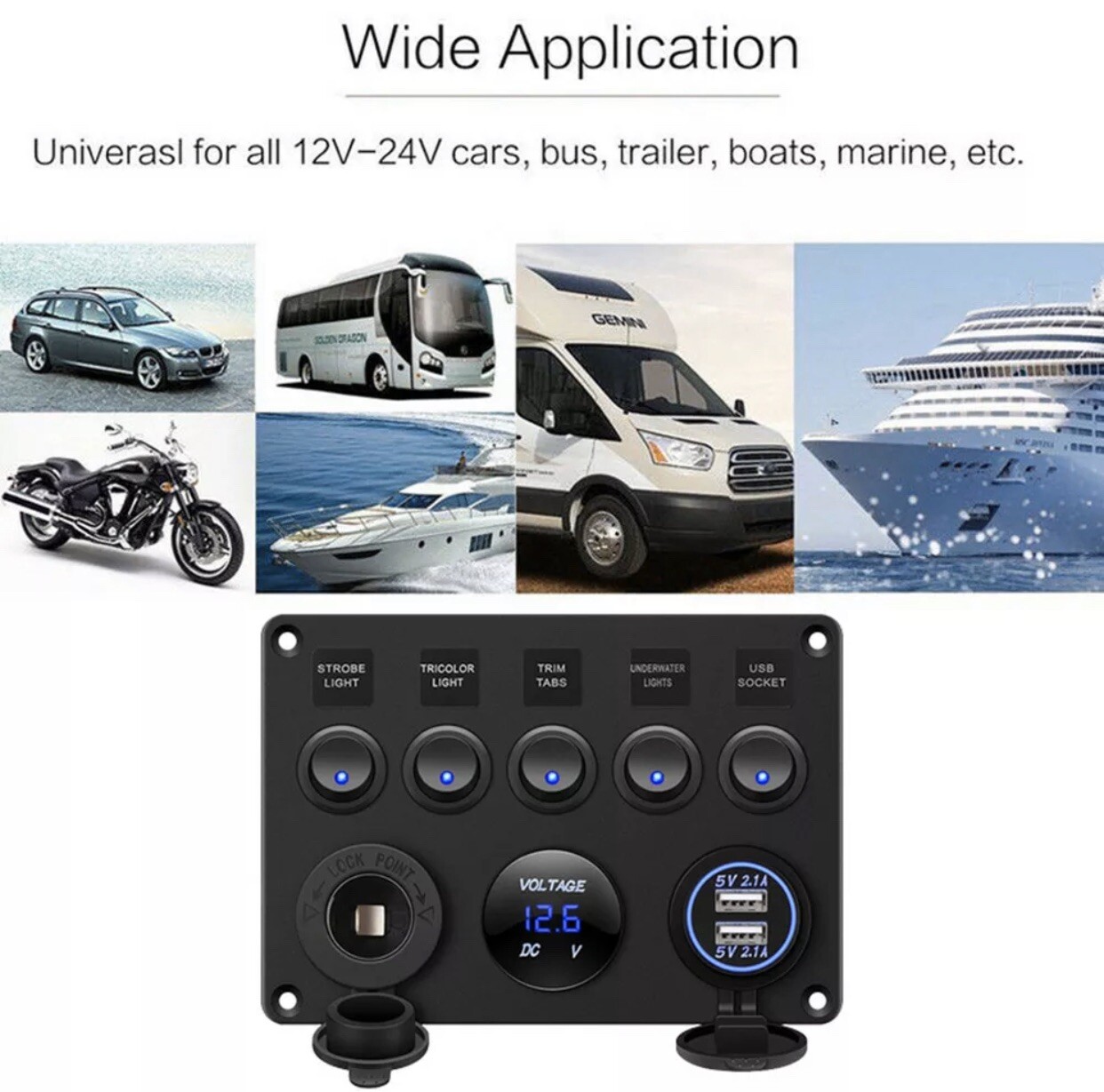 Campervan 12v 24v Switch Control Panel Dual Usb Voltmeter Cigarette ...