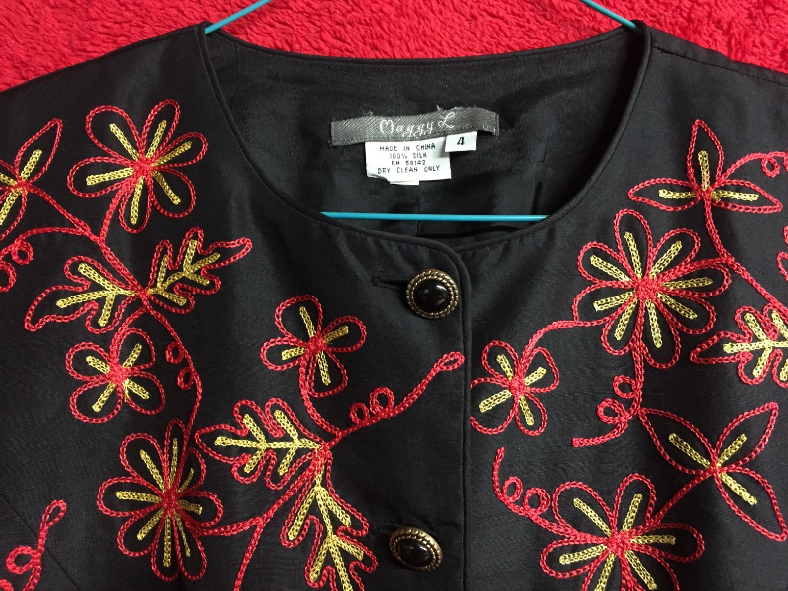 100% Silk Elaborate Decorative Black Jacket Red & Gol… - Gem