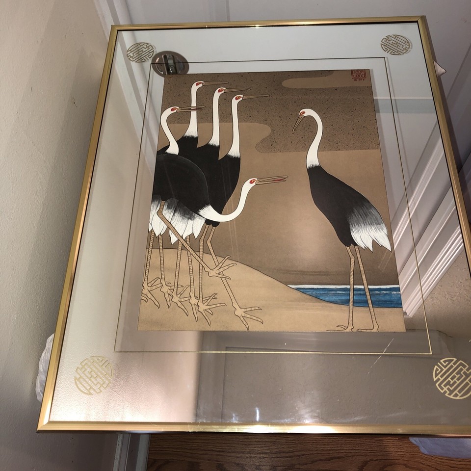 Vintage 1975 Academy Arts Painted Mirror Cranes Page Wood | eBay