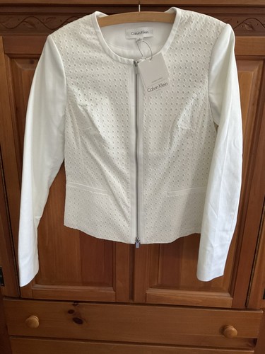 CALVIN KLEIN White Eyelet Jacket w/ 2 Way Front Zipper Women’s Size 4 ...