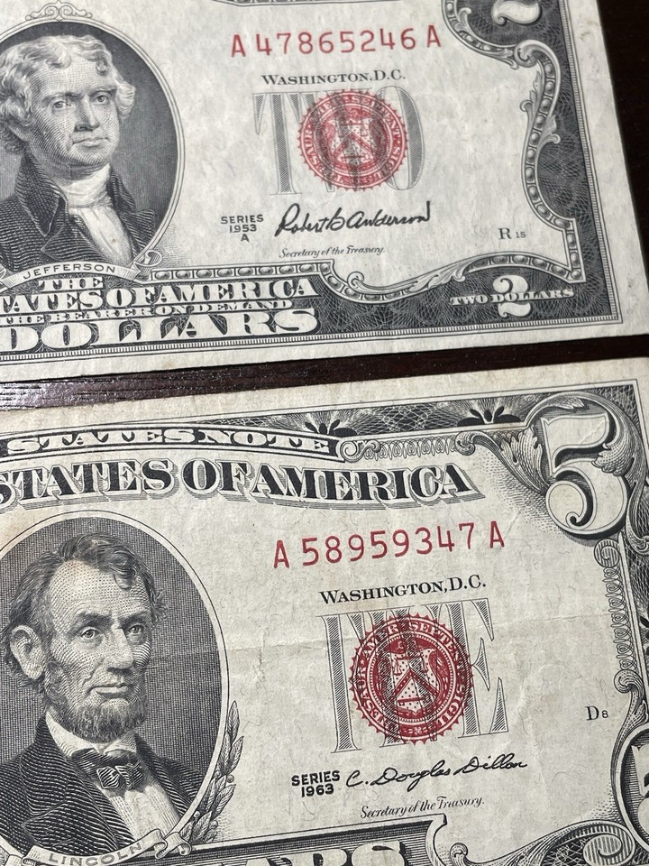 Lot Of 6 Old US Currency $1 Silver Certificates, $2 & 5 Red Seals Barr ...