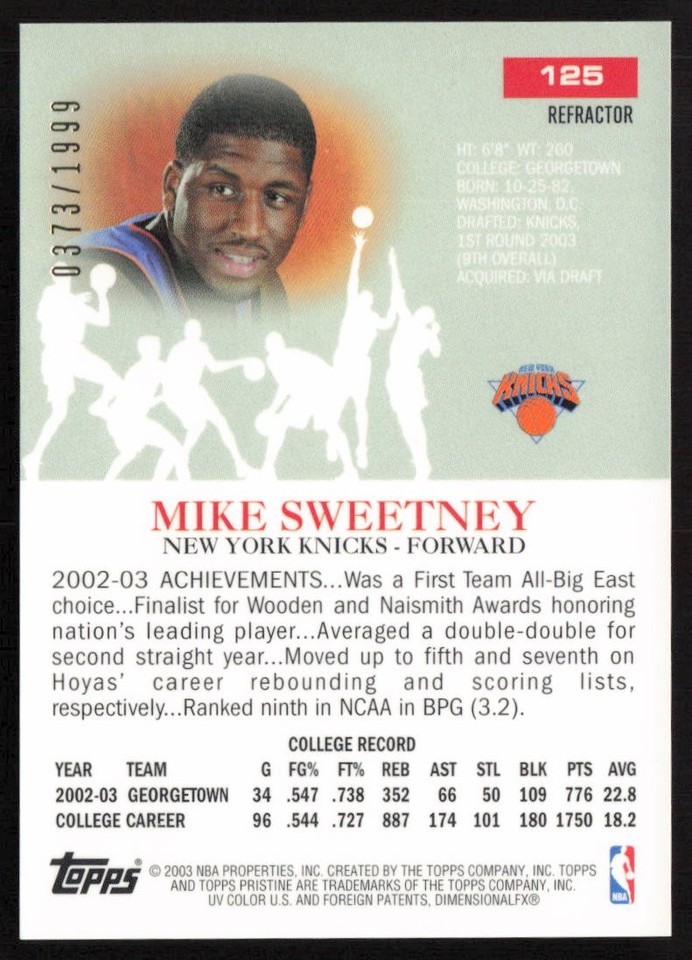 2003-04 Topps Pristine Refractors #/1999 Mike Sweetney #125 Rookie ...
