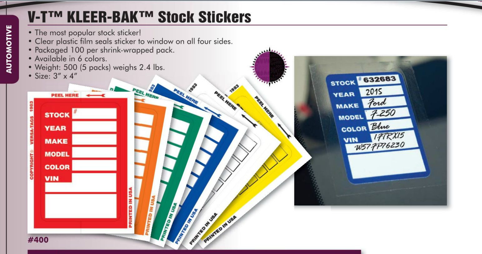 Versa Tag Kleer Back Stock Stickers (500), Car Dealer Stock Stickers ...