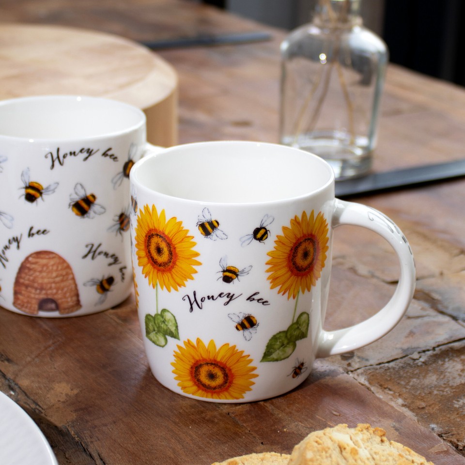Set Of 4 Honey Bee Mugs Fine China 350ml Sunflower Bumblebee Hive ...