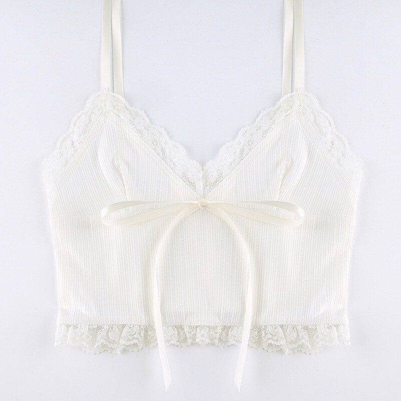 Women Sexy Low Cut Camisole Bow Lace Trim Crop Top Cute Sweet Mini Vest ...